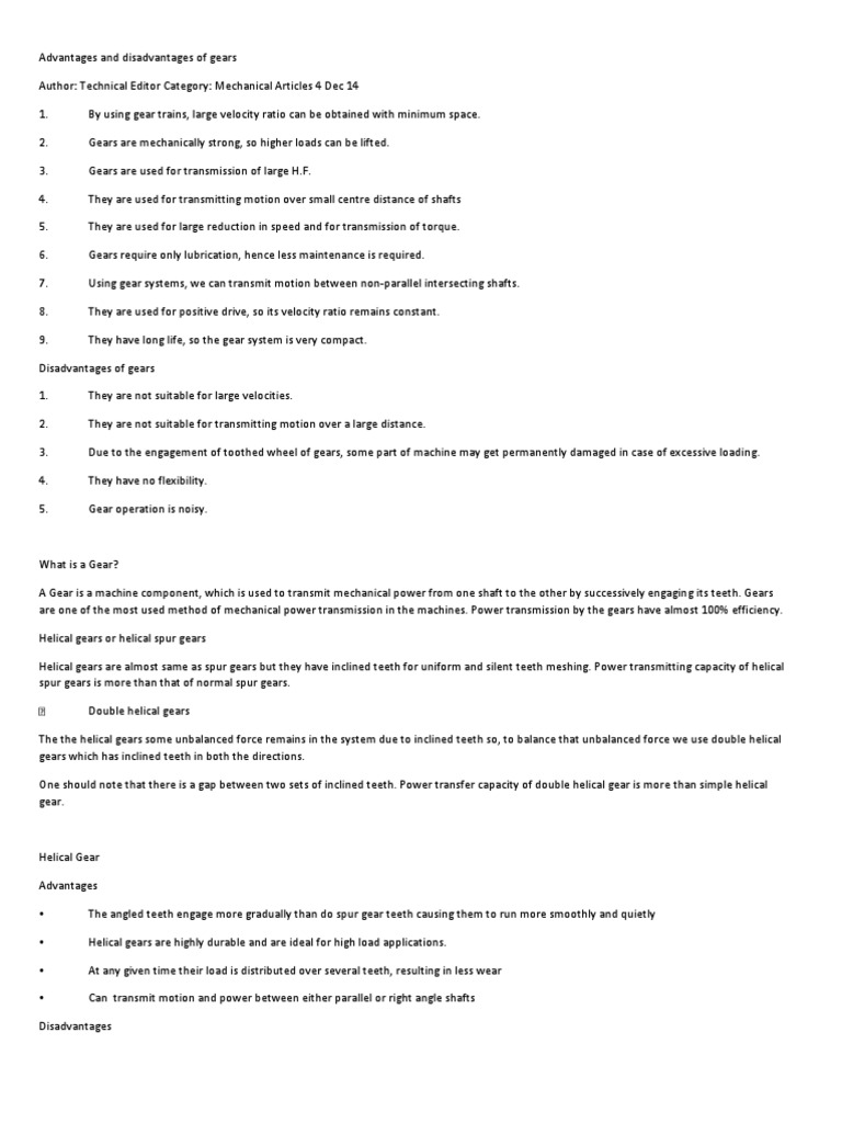 Advantages and Disadvantages of Gears | PDF | Gear | Transmission ...