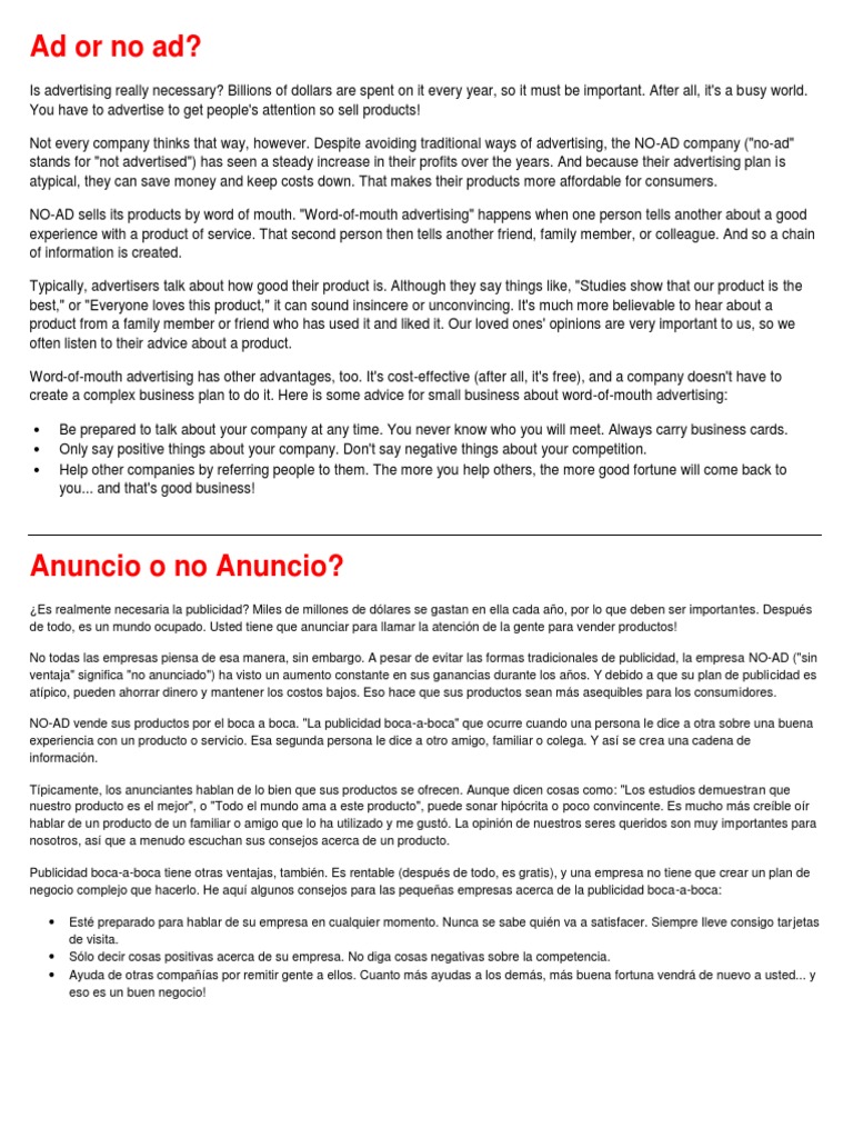 3 Reading in Class (Ad or No Ad - Intermediate 2) | PDF | Advertising ...