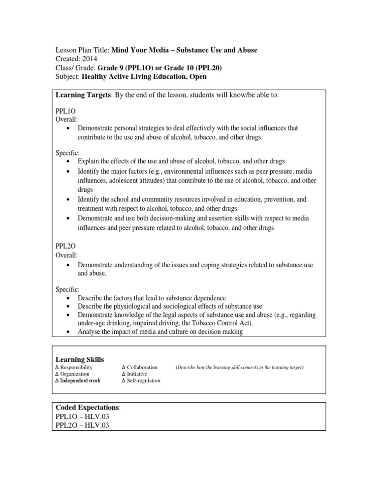 Ppl1o Ppl2o Substanceuse Lesson Plan V1.1en PDF | PDF | Substance Abuse ...