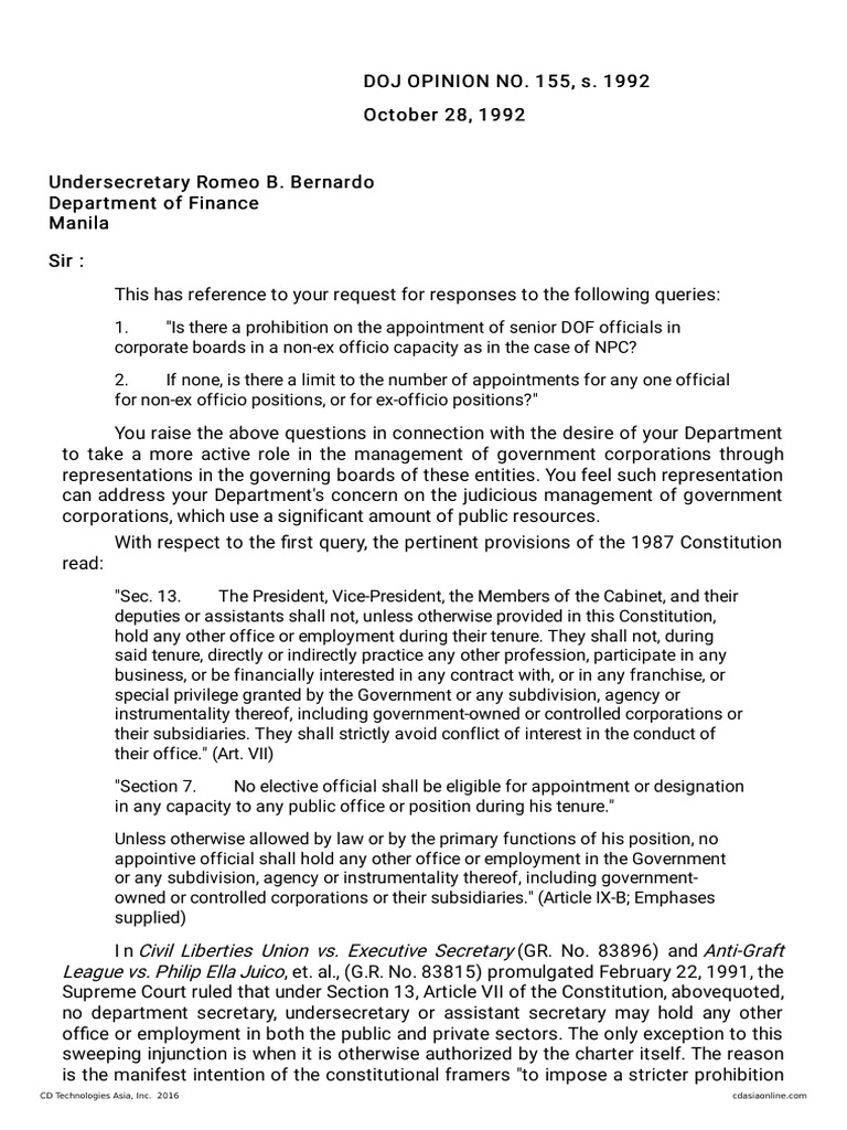 DOJ OPINION NO. 155, S. 1992 | PDF | Cabinet (Government) | Constitution