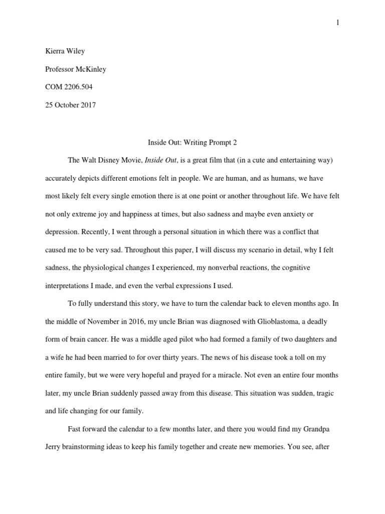 Inside Out Writing Prompt 2 | PDF | Nonverbal Communication | Emotions