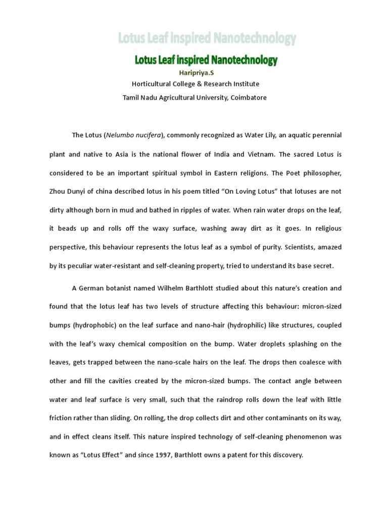 Lotus Leaf Inspired Nanotechnology | PDF | Materials | Materials Science