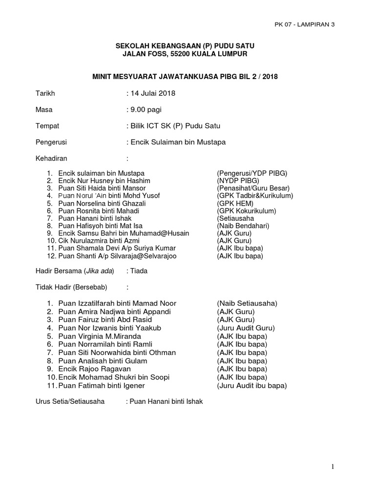 PK 07 Lampiran 3 Contoh Format Minit Mesyuarat-Edited | PDF