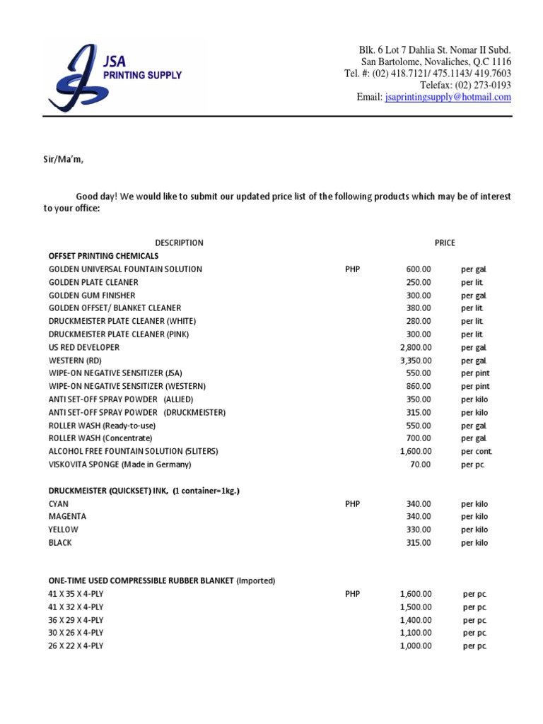 JSA Updated Pricelist | PDF | Industrial Processes | Publishing