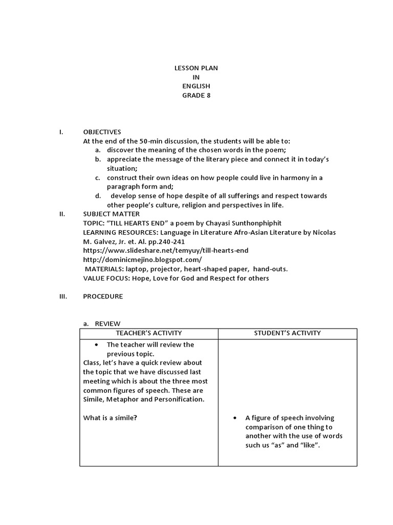 Lesson Plan 'Til Hearts End Grade 8 | PDF | Lesson Plan | Metaphor
