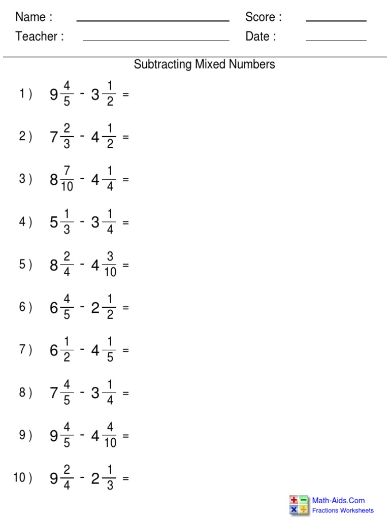 Mixed Numbers Subtraction Practice | PDF | Notation | Abstract Algebra