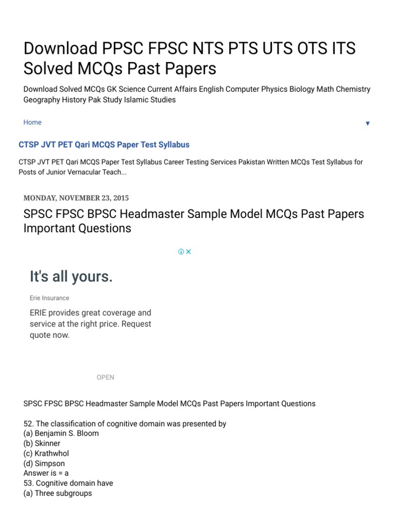 SPSC FPSC BPSC Headmaster Sample Model MCQs Past Papers Important ...