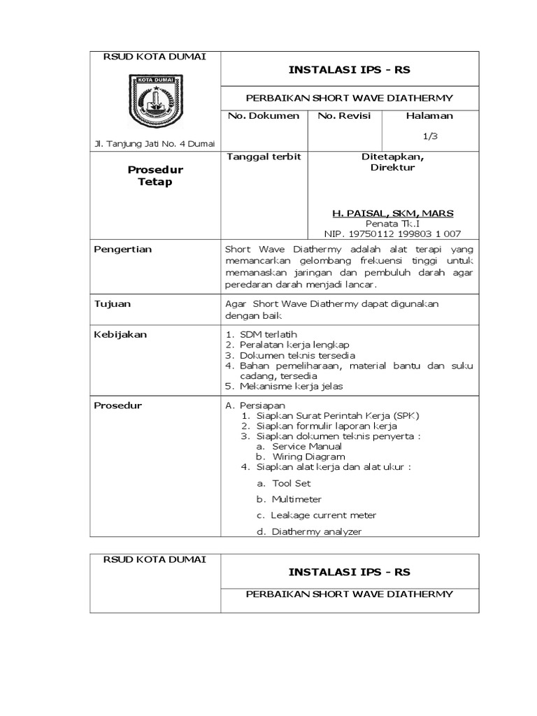 SOP Short Wave Diathermy | PDF