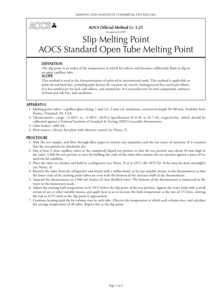 Slip Melting Point Method for Palm Oil | PDF | Melting Point | Thermometer