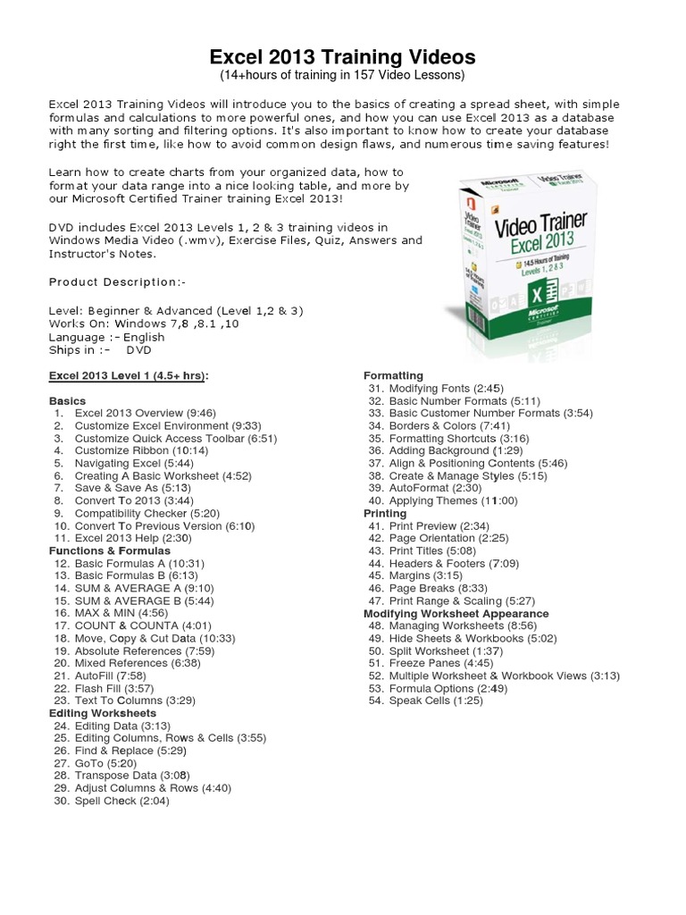 Exce El 2013 3 Train Ing Vid Deos: (14+h Hours of Tra Ining in 157 7 ...