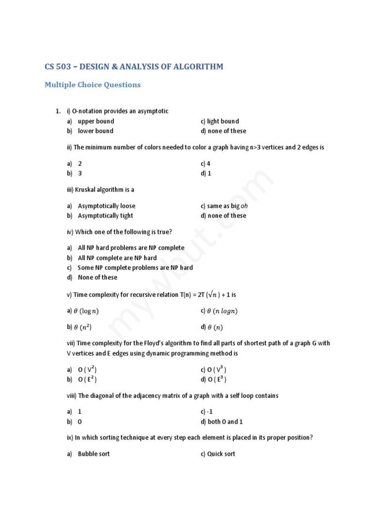 Cs 503 - Design & Analysis of Algorithm: Multiple Choice Questions ...