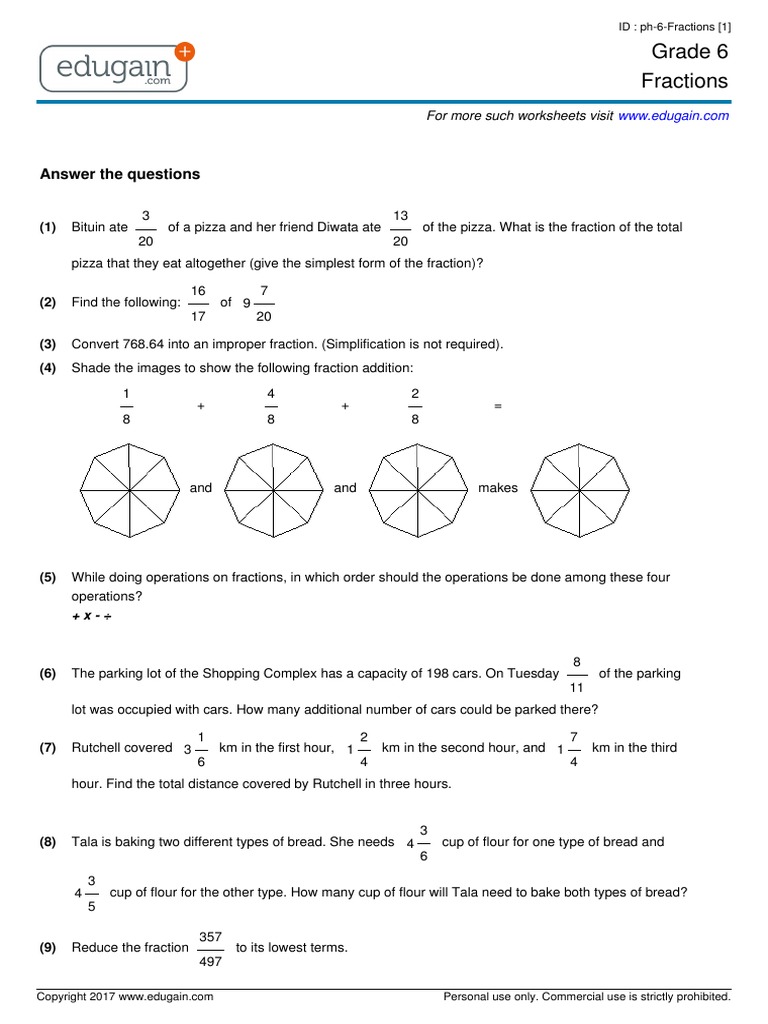 Grade 6 Fractions: Answer The Questions | PDF | Fraction (Mathematics ...