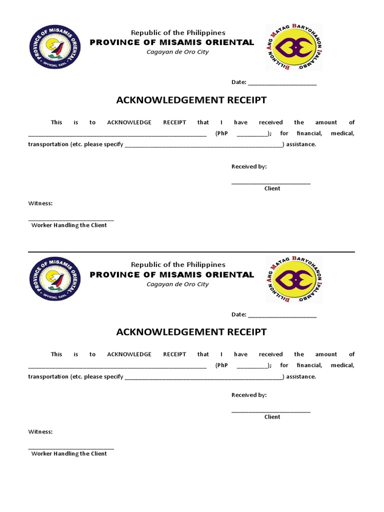 Acknowledgement Receipt: Republic of The Philippines Province of ...