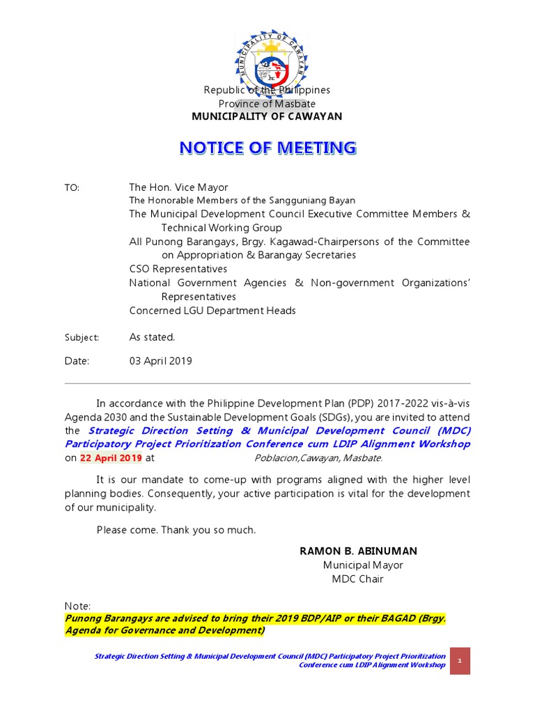 Notice of Meeting-1st MDC Ldip Alignment Meeting & Ws | PDF | Local ...