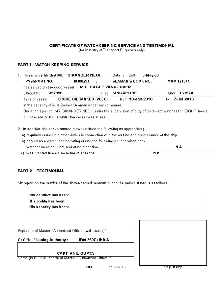 Certificate of Watchkeeping Service and Testimonial: 3-May-83 Passport ...
