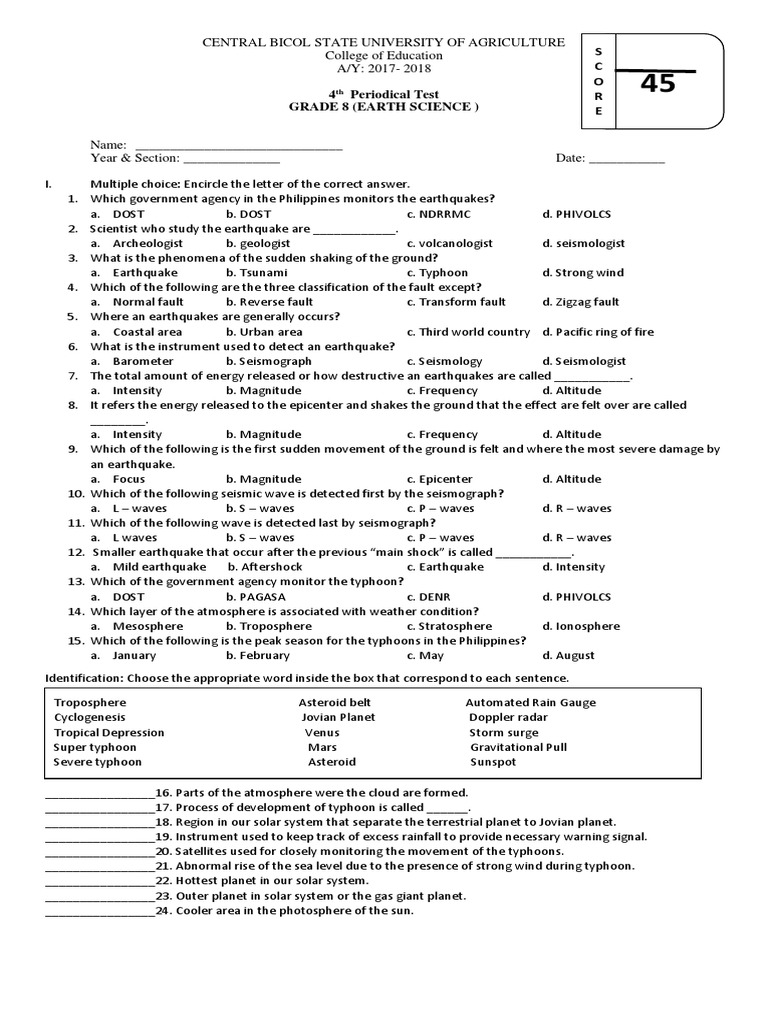 4 Periodical Test Grade 8 (Earth Science) : S C O R E | PDF ...