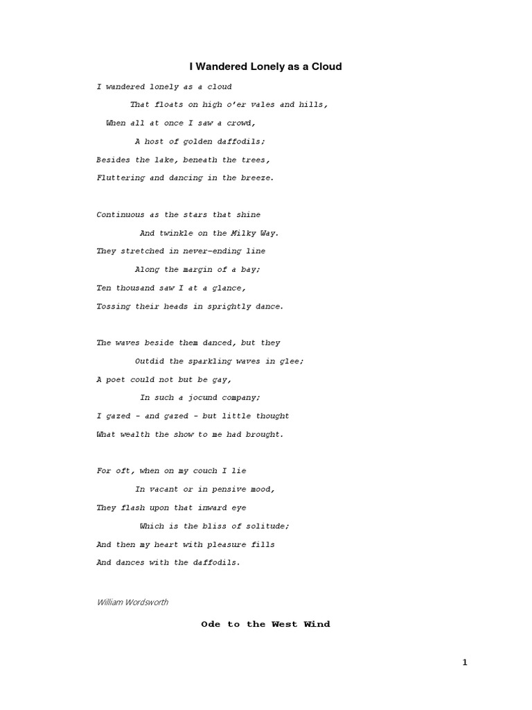 I Wandered Lonely As A Cloud: William Wordsworth | PDF | Love | Nature