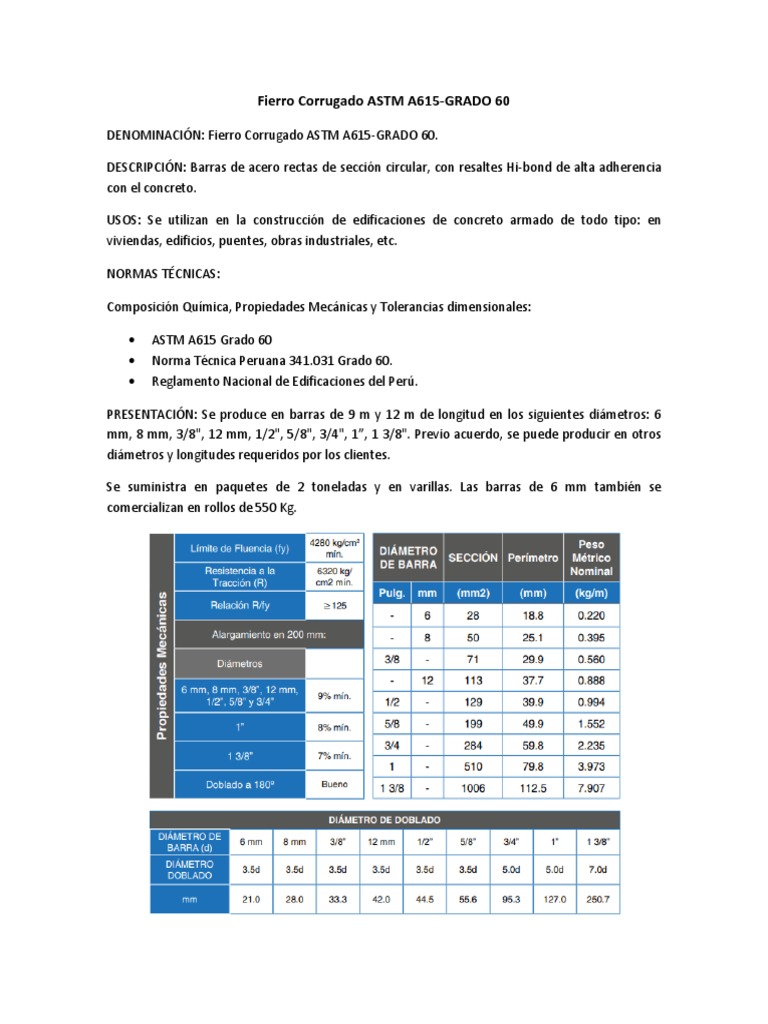 Fierro Corrugado ASTM A615 Grado 60 | PDF | Fundación (Ingeniería) | Hormigón