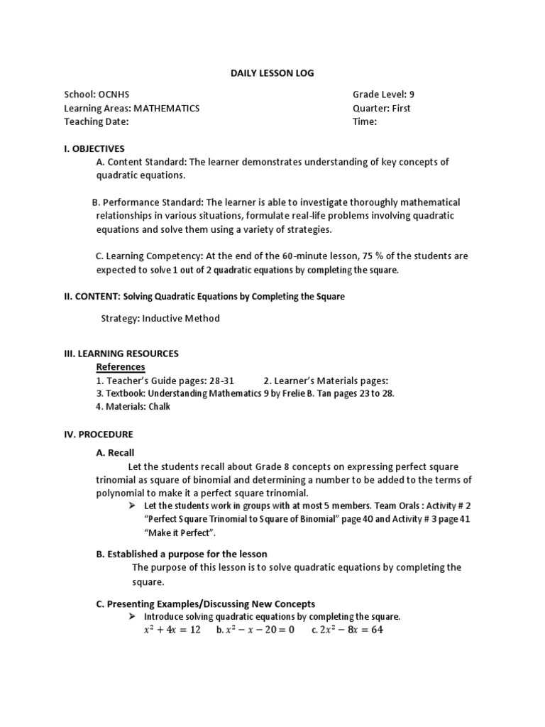DLL Grade 9 Math-Completing The Squares | Download Free PDF | Quadratic ...