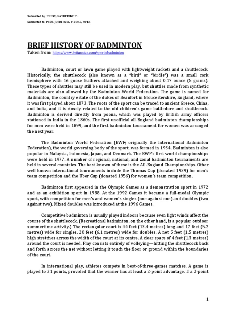 Brief History of Badminton | PDF | Racquet Sports | Sports