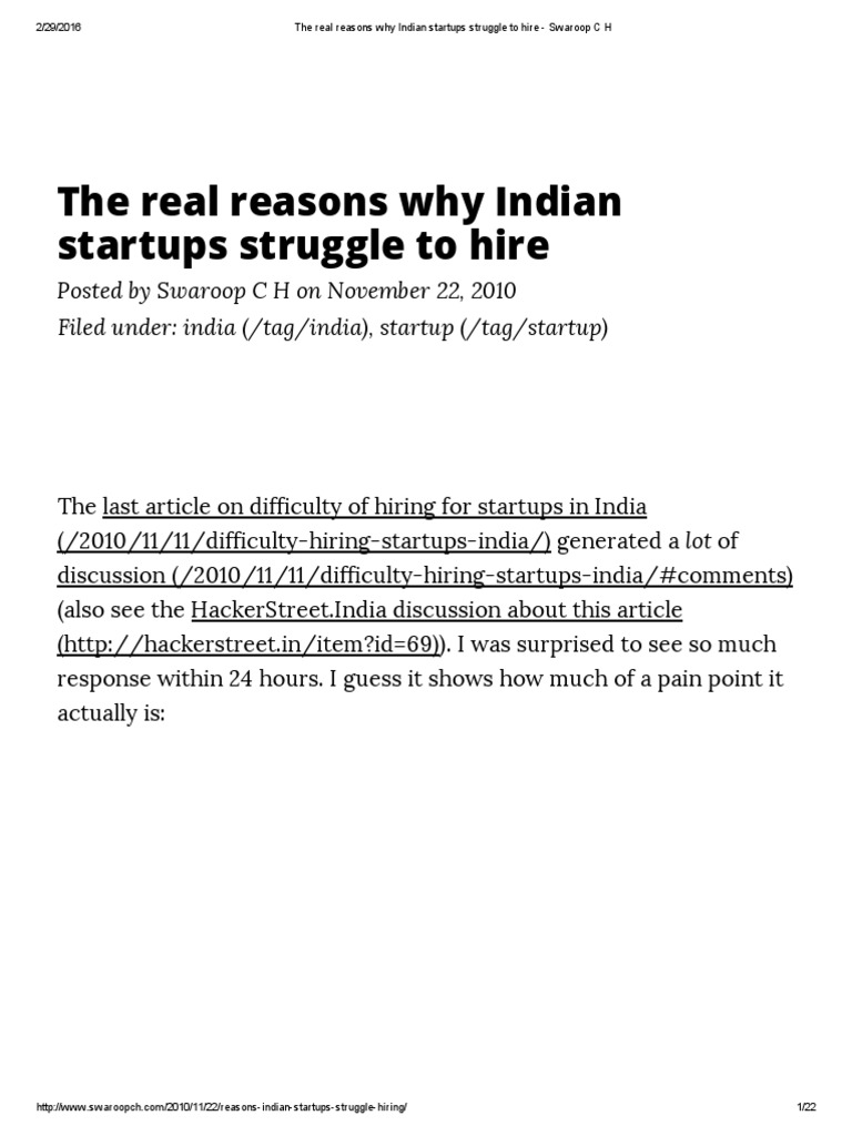 The Real Reasons Why Indian Startups Struggle To Hire - Swaroop C H ...