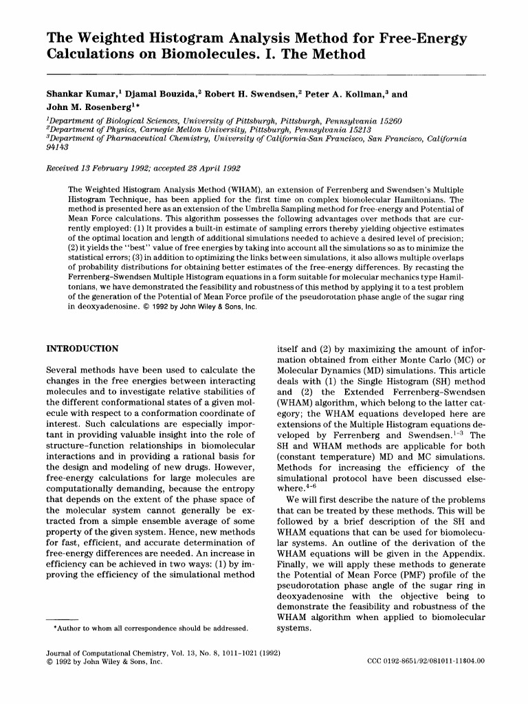 Weighted Histogram Analysis Method for Calculating Free Energies | PDF | Chemistry | Physical ...