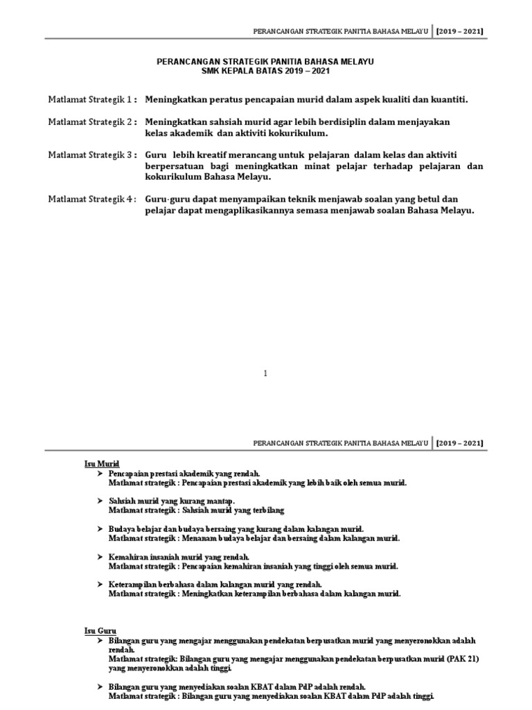 Perancangan Strategik Panitia BM 2019 - 2021 | PDF