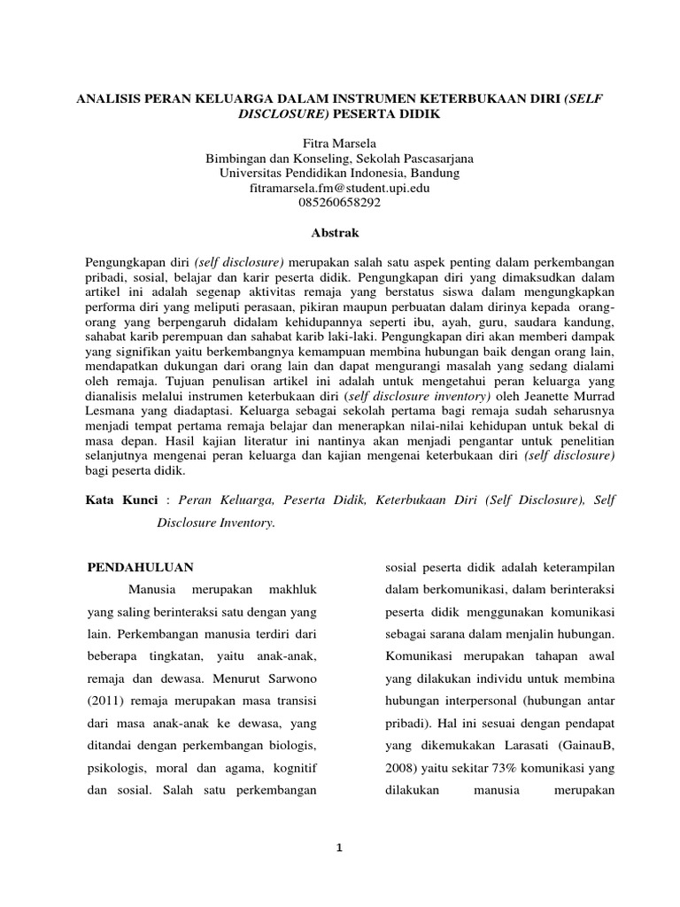 Analisis Peran Keluarga Dalam Instrumen Keterbukaan Diri (Self Disclosure) Peserta Didik | PDF ...