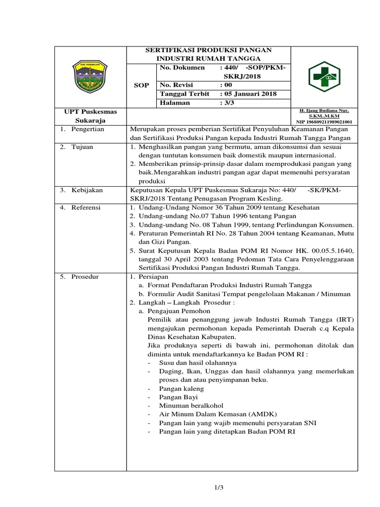 SOP Sertifikasi Produksi Pangan IRT | PDF