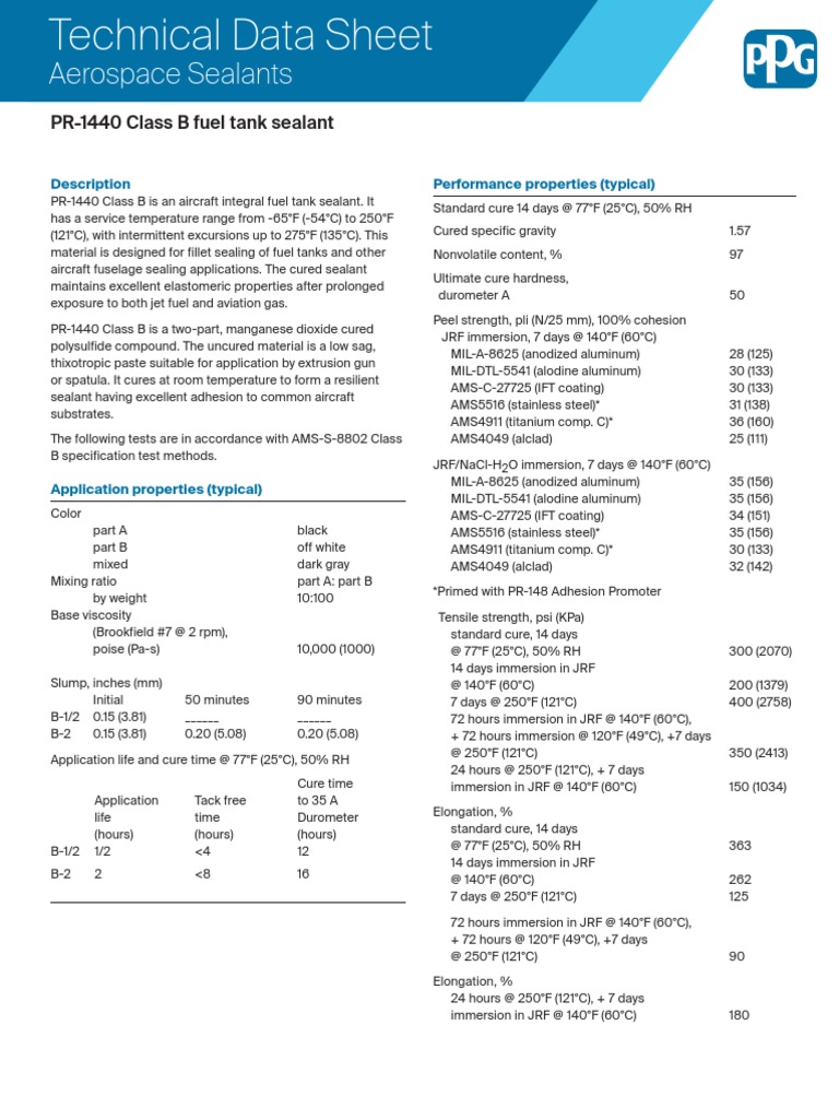 Aerospace Sealants: PR-1440 Class B Fuel Tank Sealant | PDF | Lubricant ...