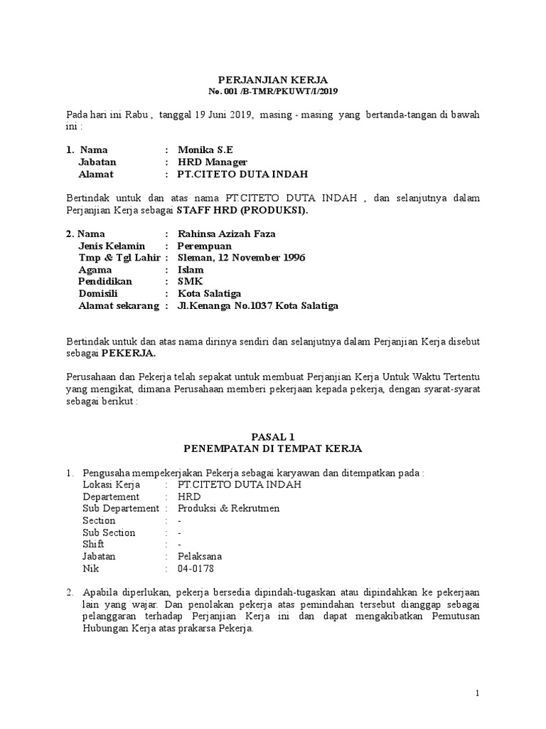 Contoh Kontrak Kerja Karyawan Baru | PDF