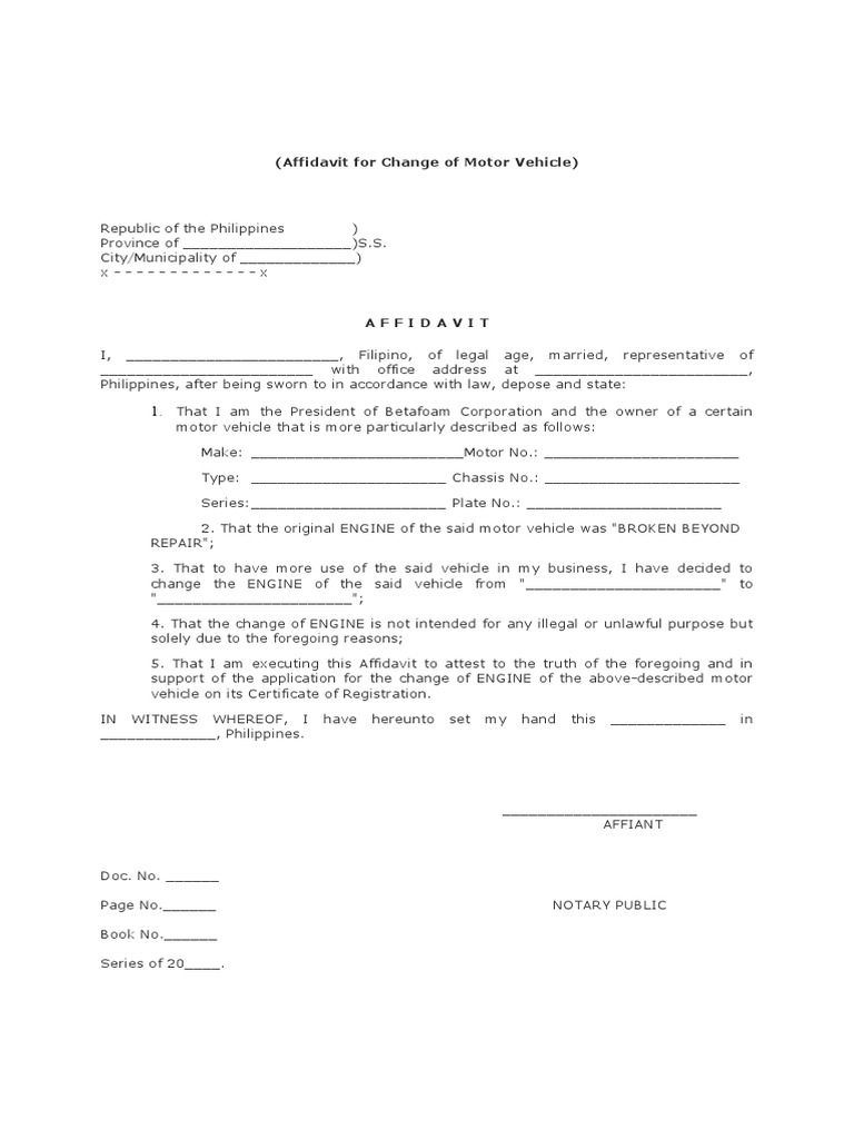 FORMAT - Affidavit For Change of Motor Vehicle | PDF