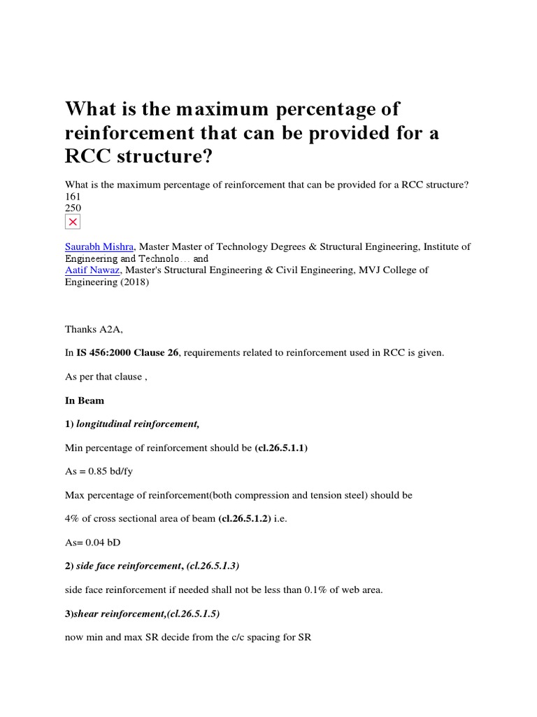 Reinforcement Percentages in RCC Structures | PDF | Beam (Structure ...