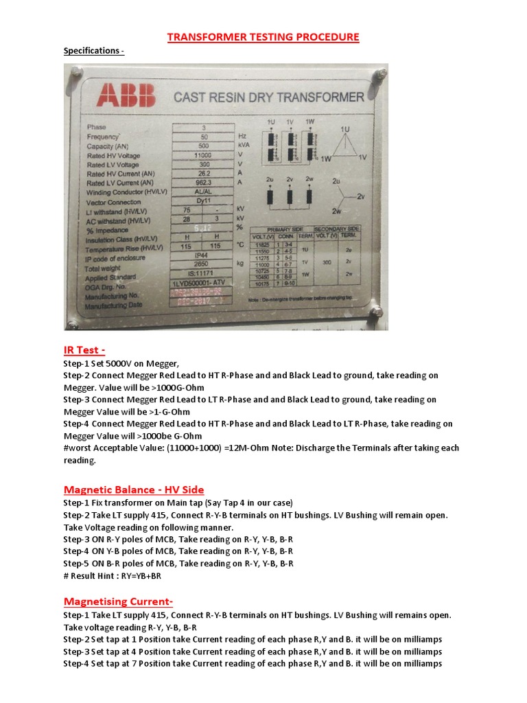 Transformer Testing Procedure: Specifications | PDF