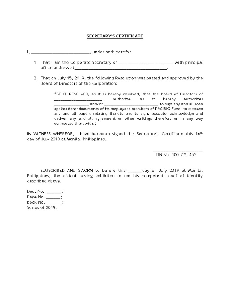 Sample Secretary's Certificate - Pagibig Fund | PDF | Law