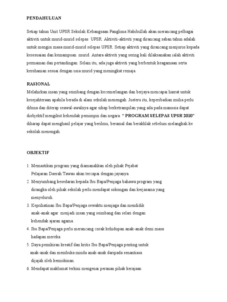 Kertas Kerja Program Selepas UPSR | PDF