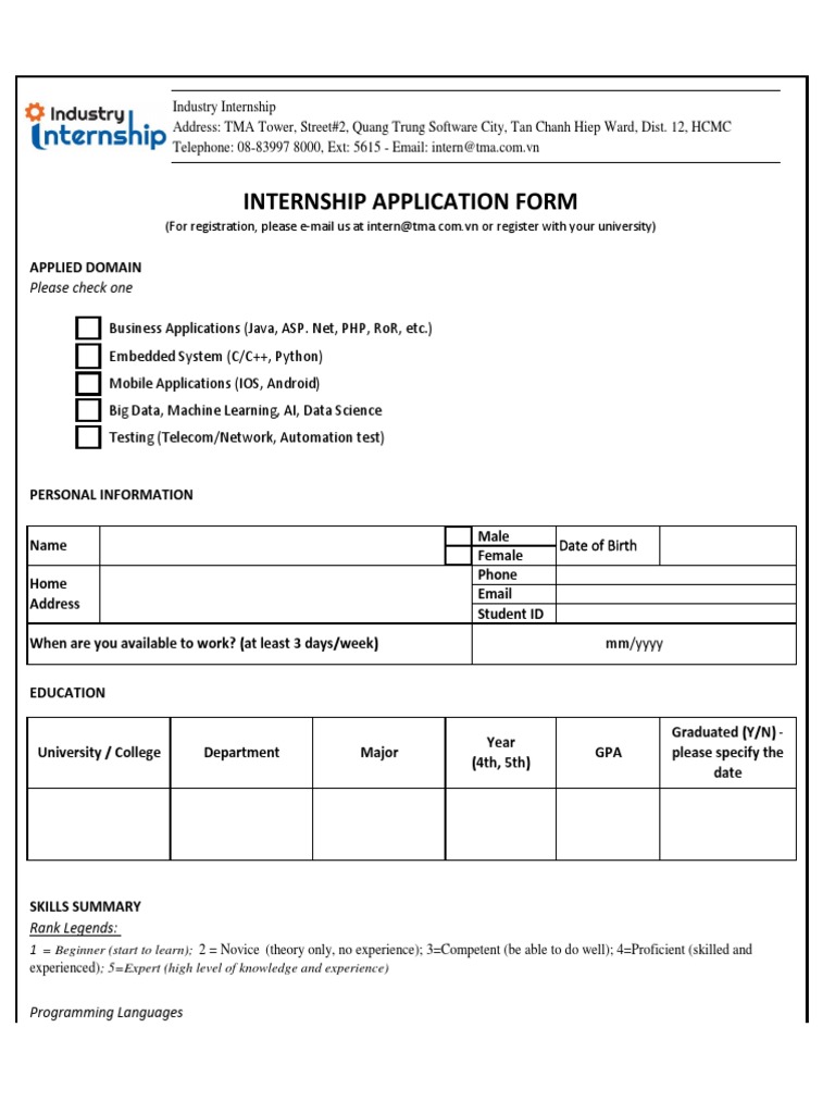 TMA Internship Application Form | PDF | Computer Engineering | Digital ...