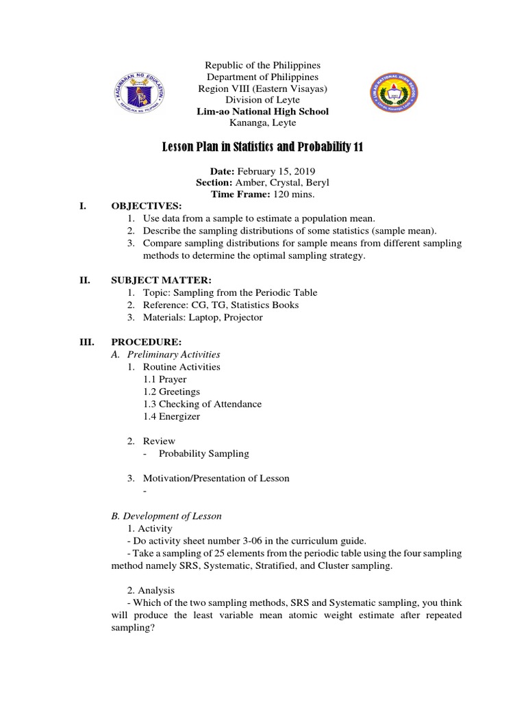 Lesson Plan in Statistics and Probability 11: Lim-Ao National High School | PDF | Sampling ...