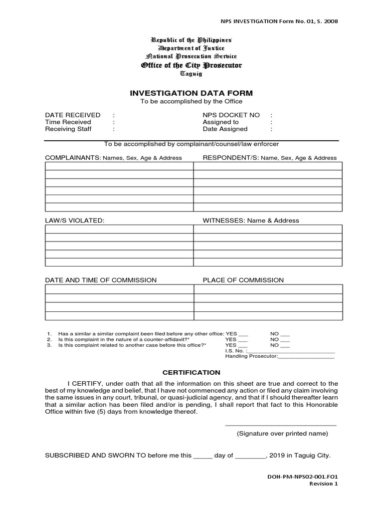 Investigation Data Form | PDF | Prosecutor | Complaint