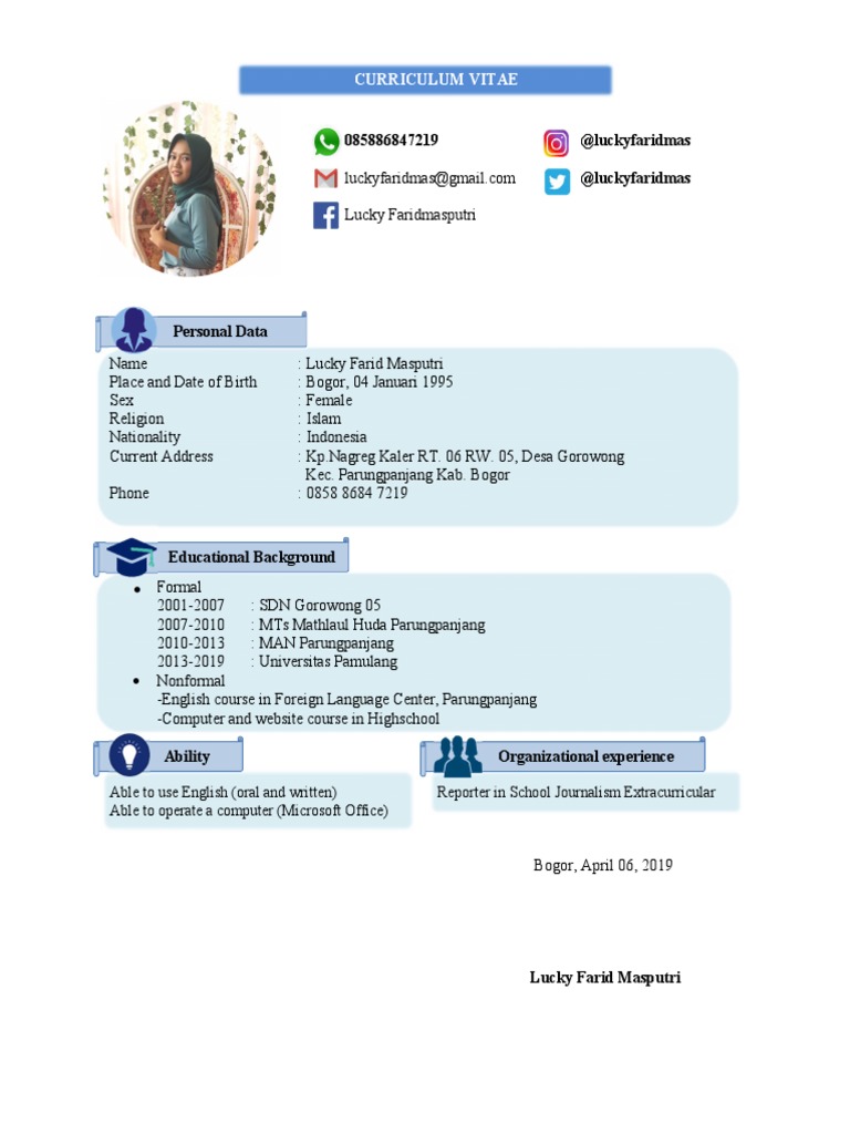 An Insightful Curriculum Vitae for Lucky Farid Masputri Detailing Her Educational Background ...