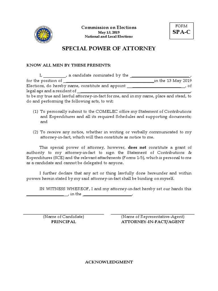Sample Format For COMELEC SPA | Download Free PDF | Power Of Attorney ...