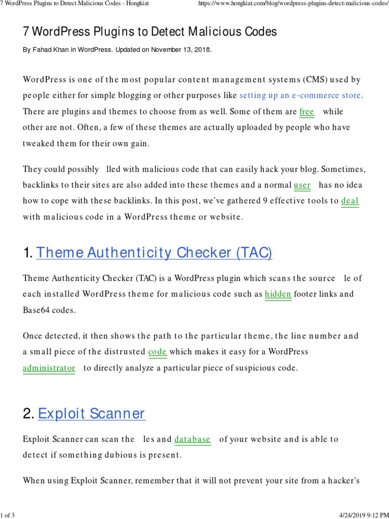 Theme Authenticity Checker (Tac) : 7 Wordpress Plugins To Detect Malicious Codes | PDF | Malware ...