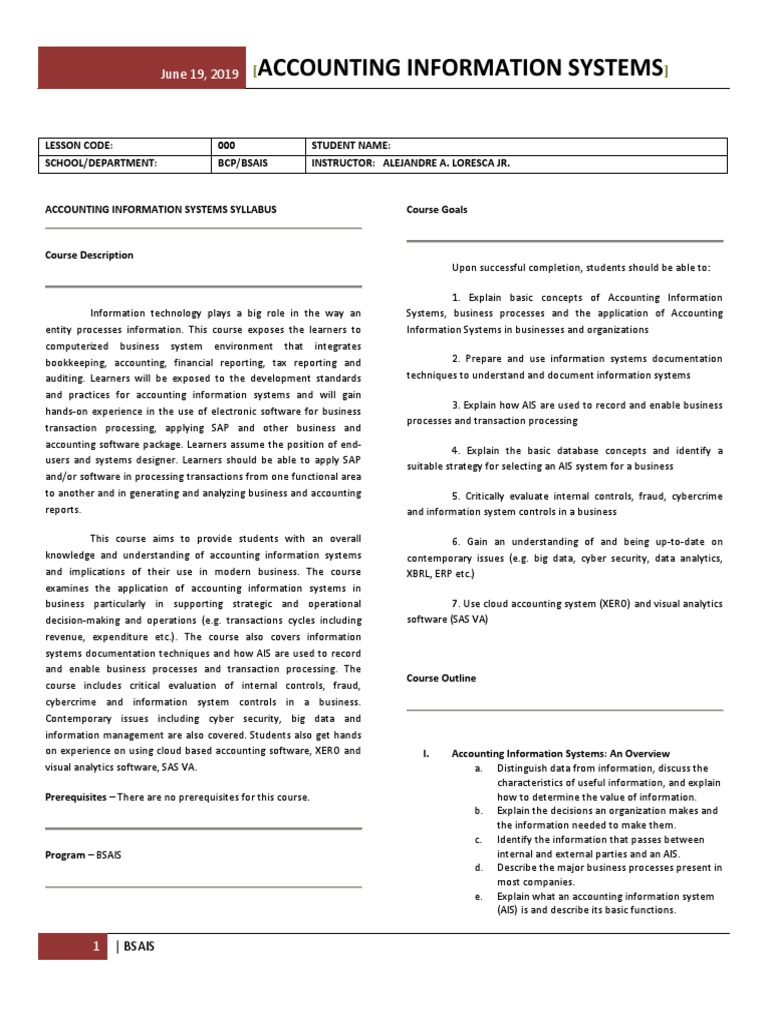 Accounting Information Systems Syllabus | PDF | Information System ...