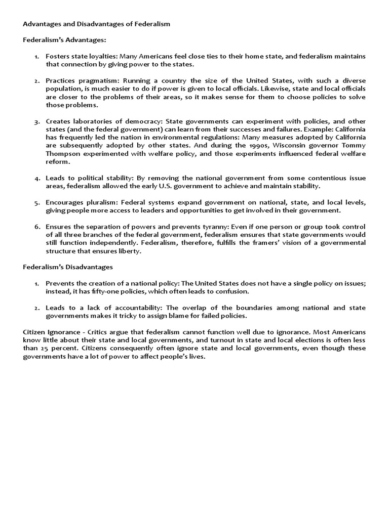 Advantages and Disadvantages of Federalism Federalism's Advantages ...