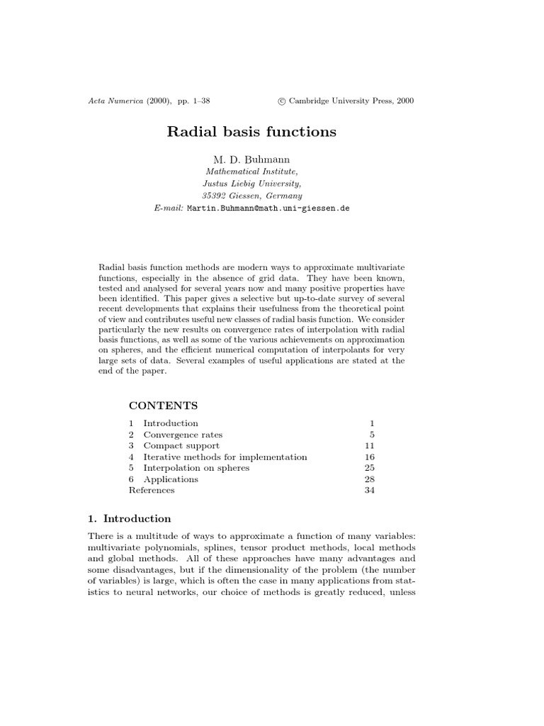 Radial Basis Functions by Buhmann | PDF | Interpolation | Basis (Linear Algebra)
