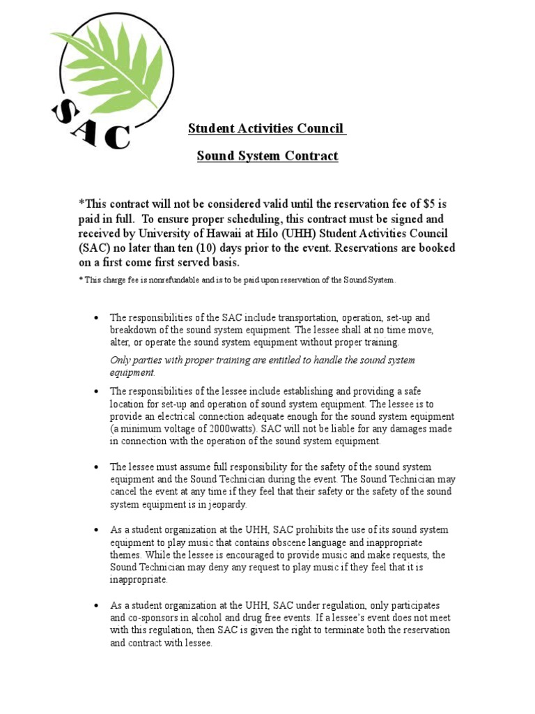 UHH SAC Sound System Rental Contract | PDF | Fee | Lease