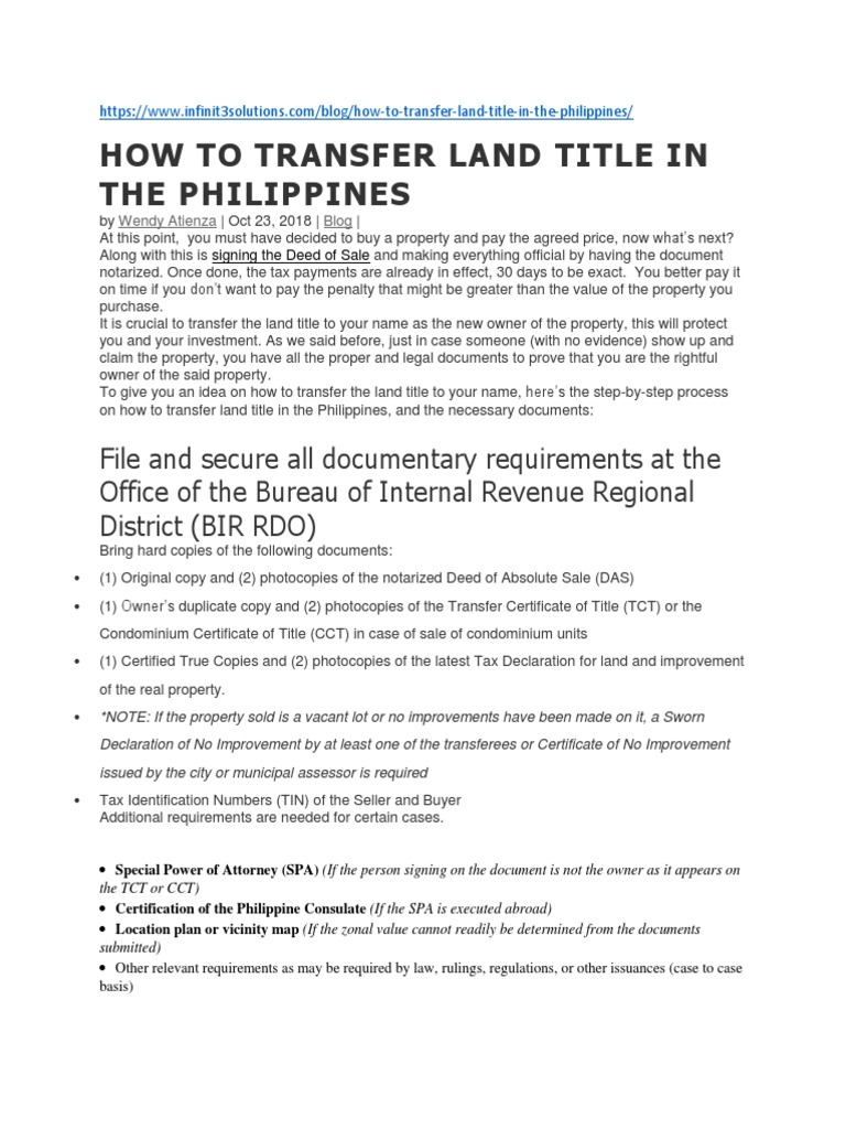 How To Transfer Land Title in The Philippines | PDF | Title (Property ...