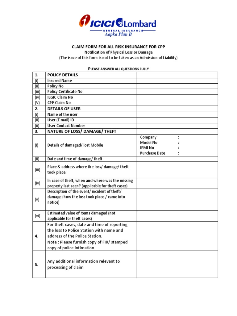 Claim Form For CPP PDF | PDF | Theft | Insurance