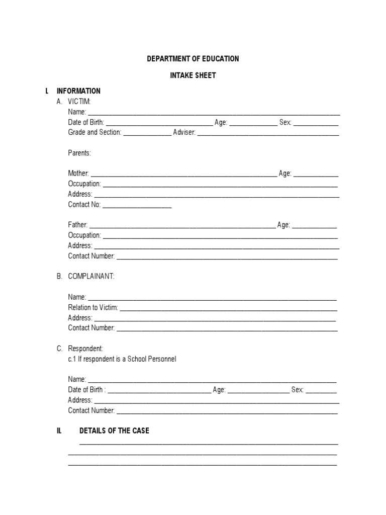 Department of Education Intake Sheet I. Information | PDF | Crime ...