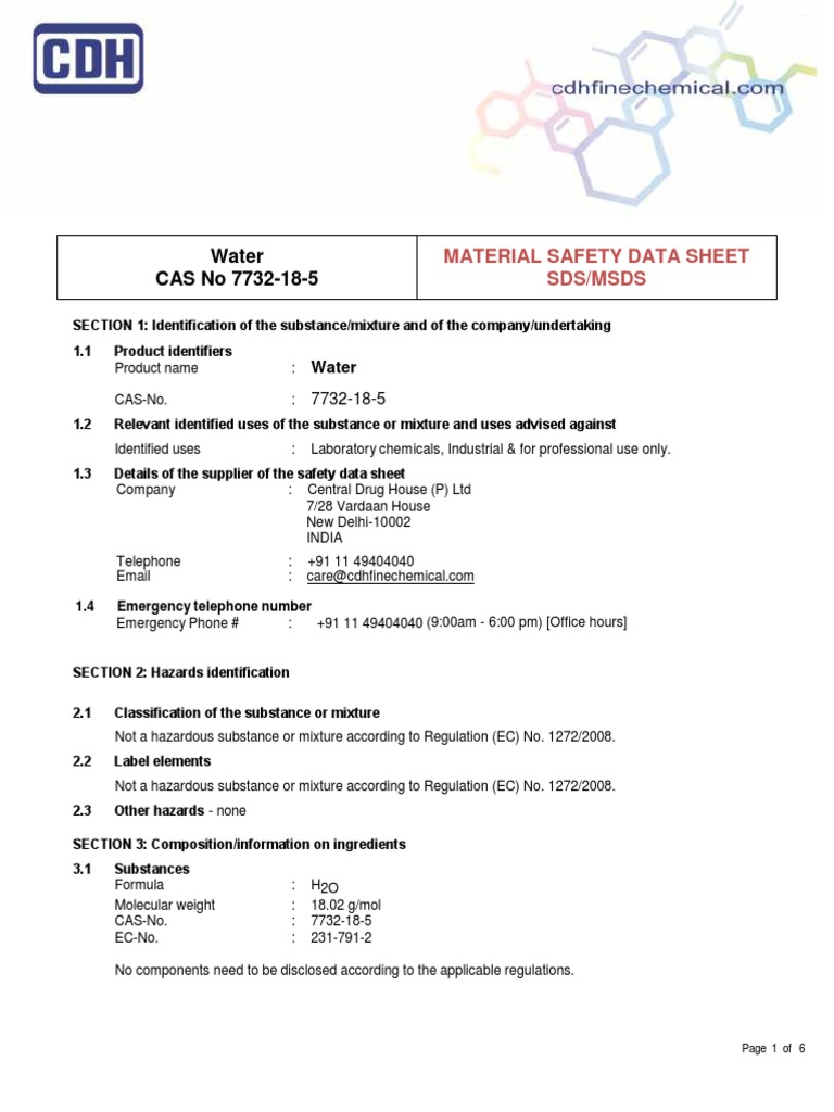 Water CAS No 7732-18-5: Material Safety Data Sheet Sds/Msds | PDF ...